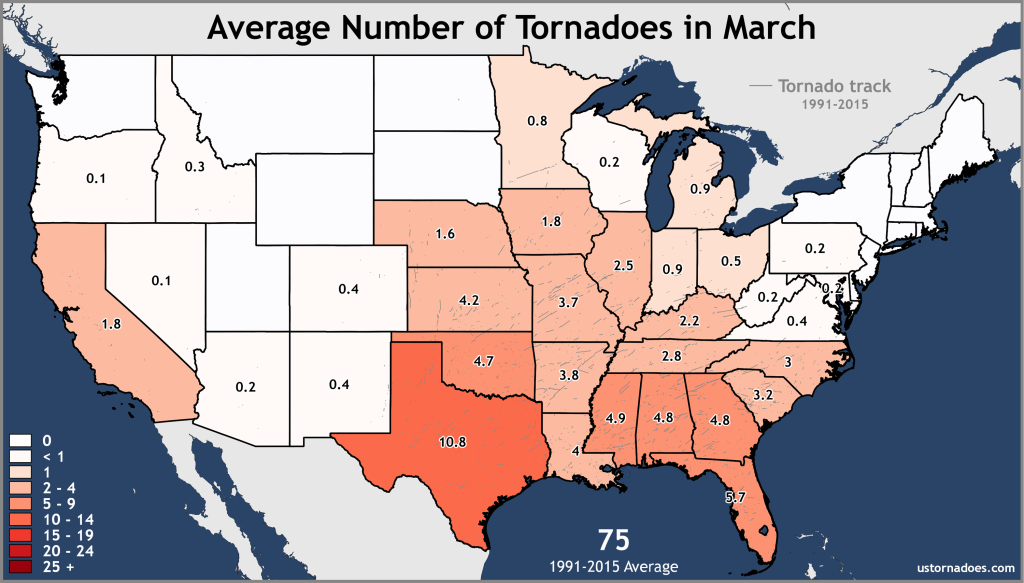 Annual and monthly tornado averages for each state (maps) - ustornadoes.com