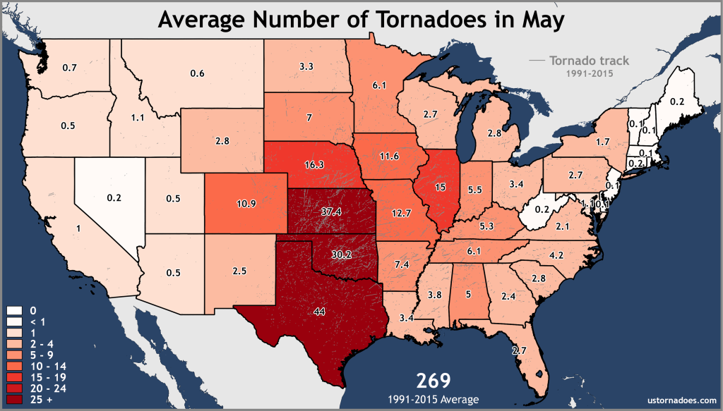 Annual and monthly tornado averages for each state (maps) - ustornadoes.com